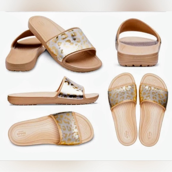 CROCS | Shoes | Crocs Sloane Leopard Metallic Slides Women Sz 9 | Poshmark